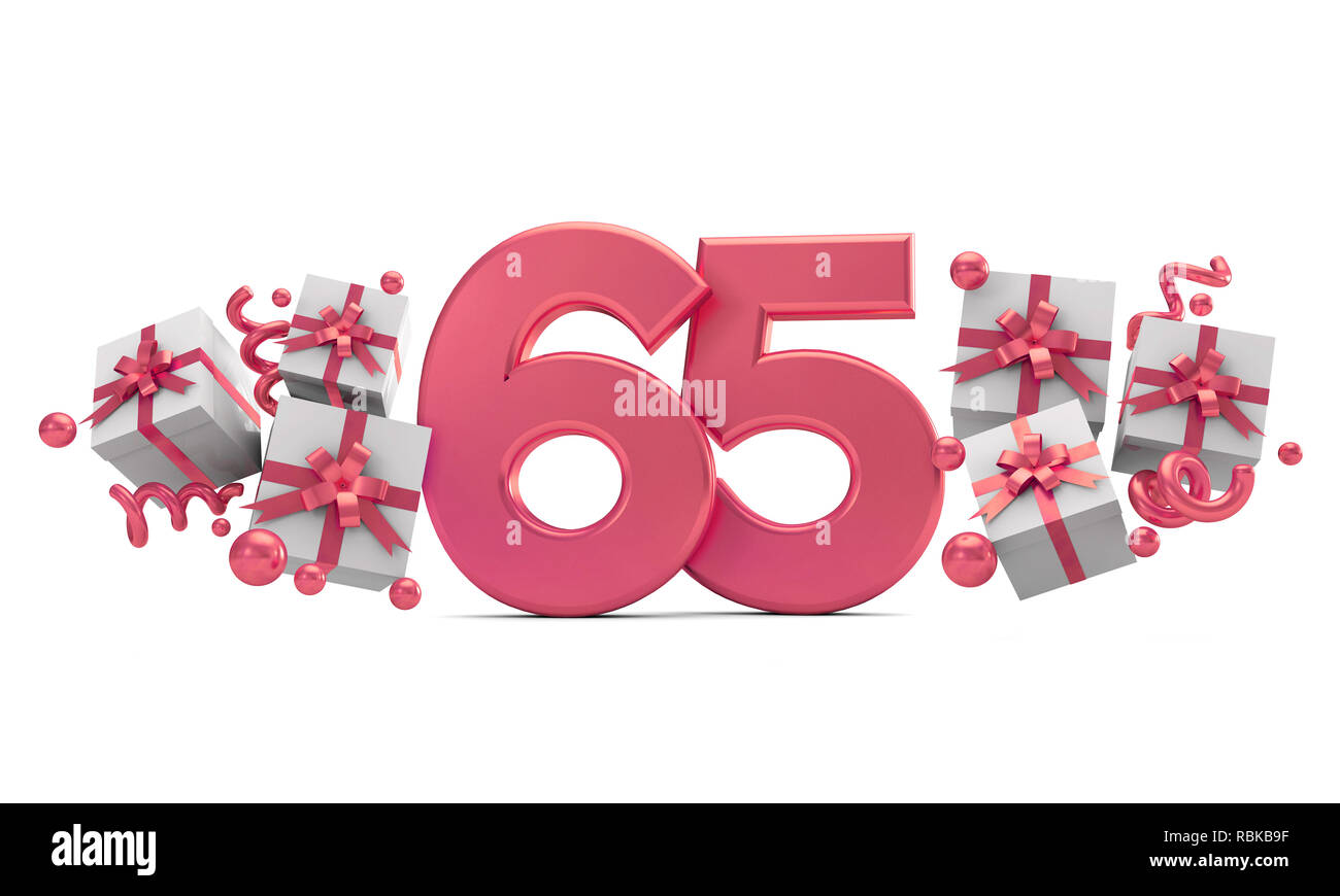 Number 65 pink birthday celebration number with gift boxes. 3D ...