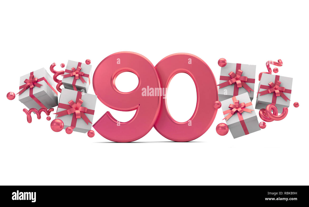 Number 90 pink birthday celebration number with gift boxes. 3D ...