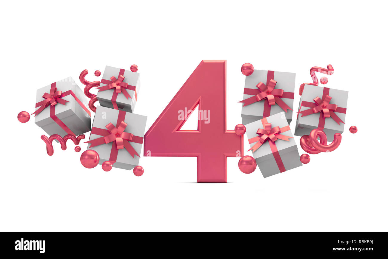 Number 4 pink birthday celebration number with gift boxes. 3D Rendering ...