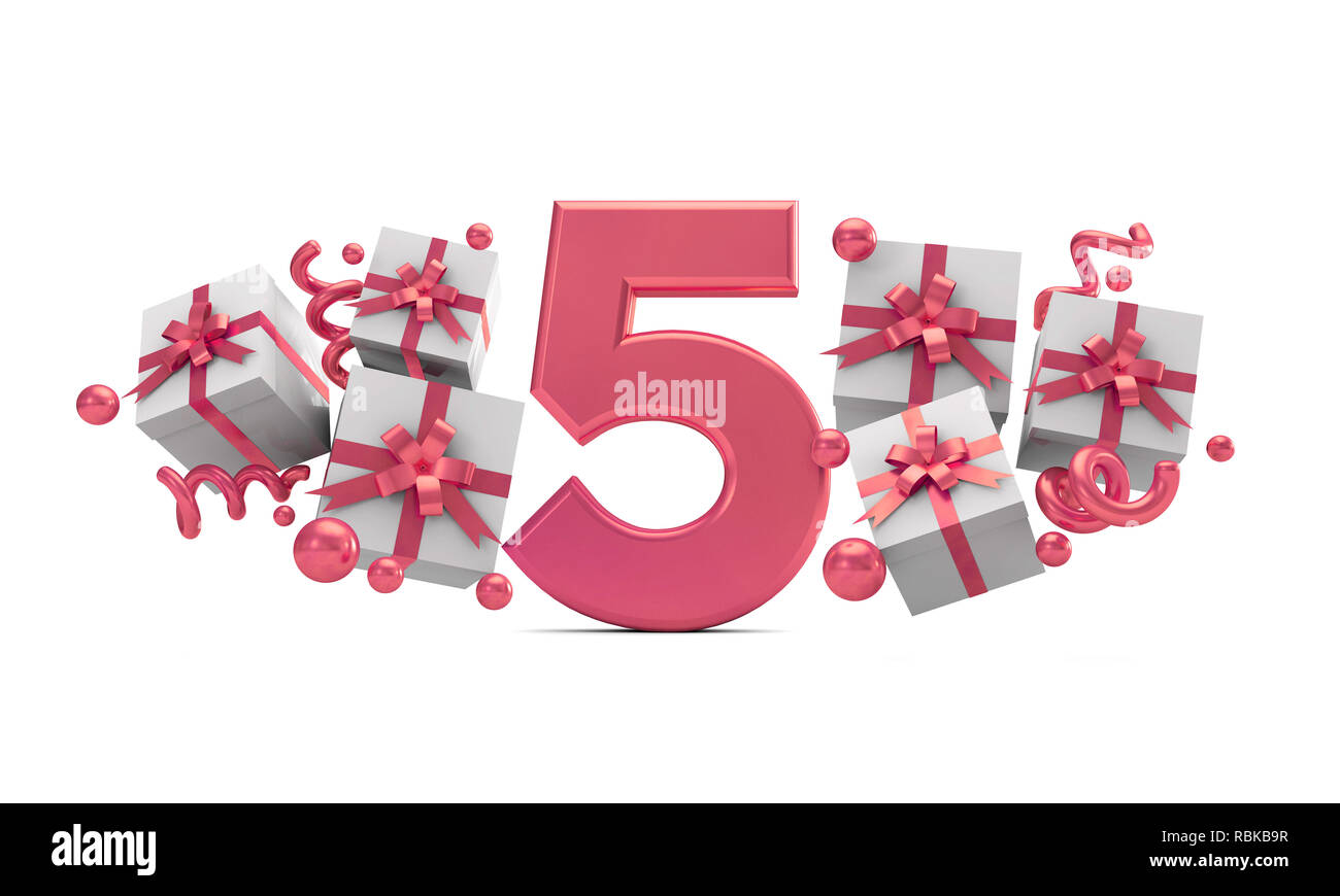 Number 5 pink birthday celebration number with gift boxes. 3D Rendering ...