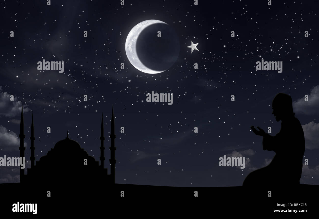 Praying muslim and mosque at night sky hilal half moon Stock Photo - Alamy