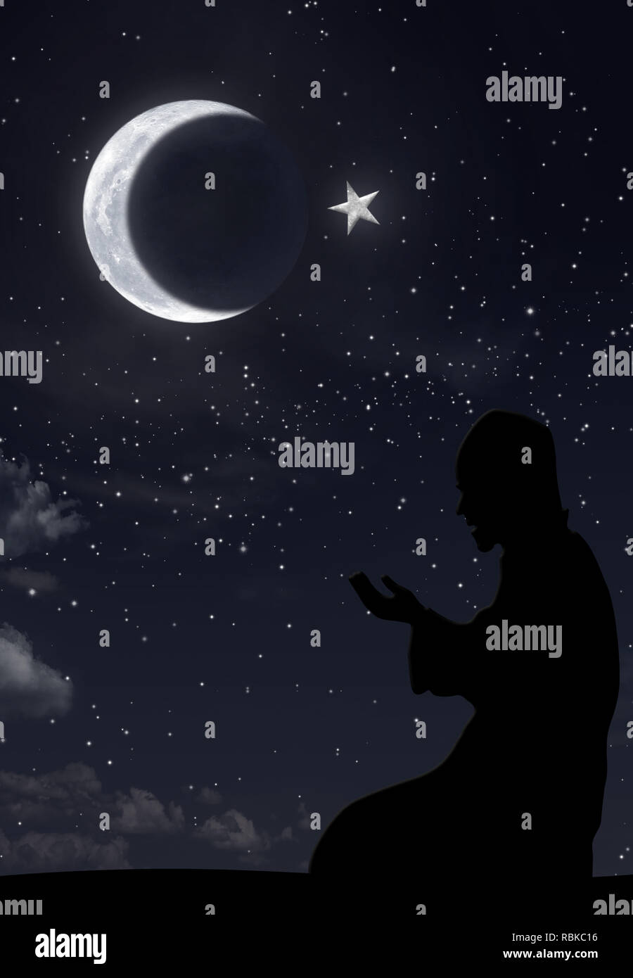 Praying muslim at night sky hilal half moon Stock Photo - Alamy