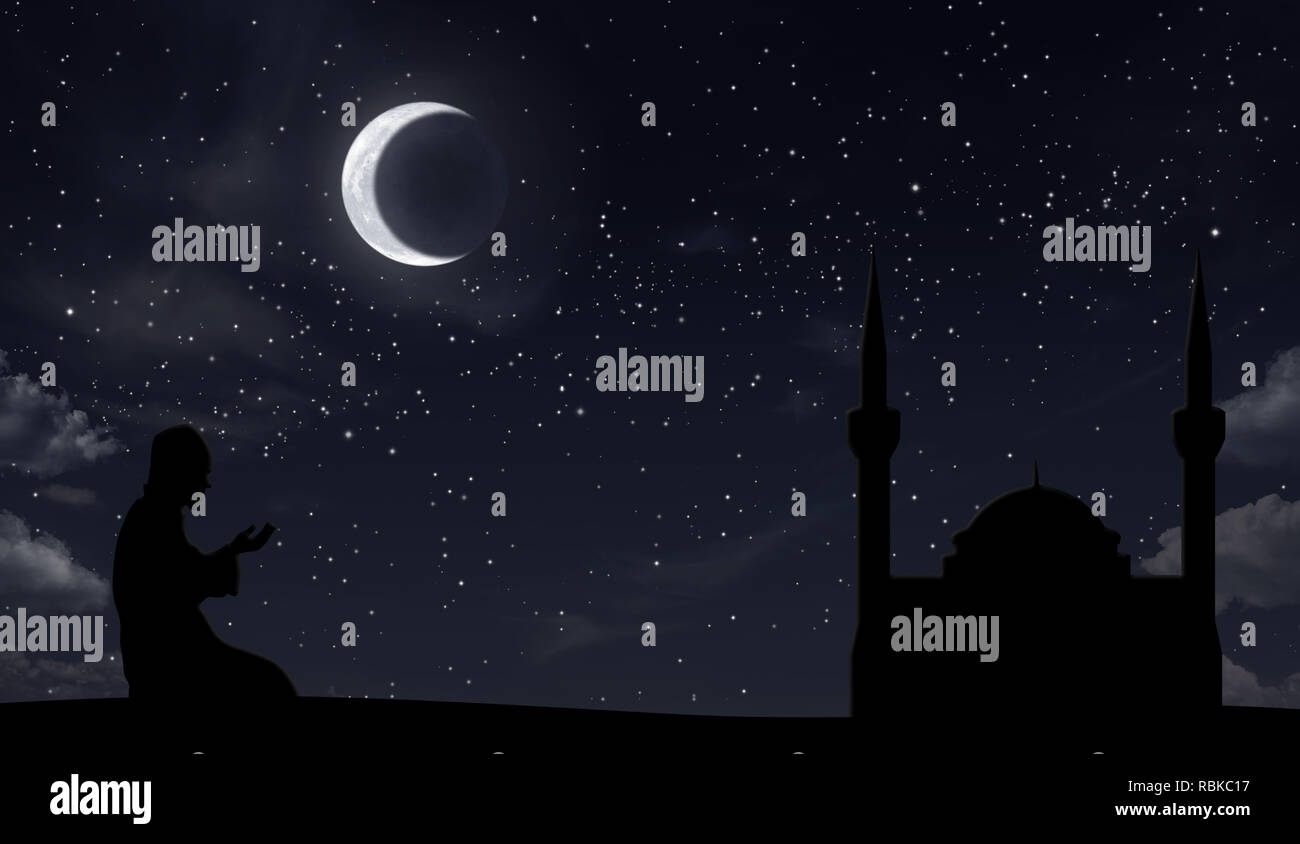 Praying muslim and mosque at night sky hilal half moon Stock Photo - Alamy