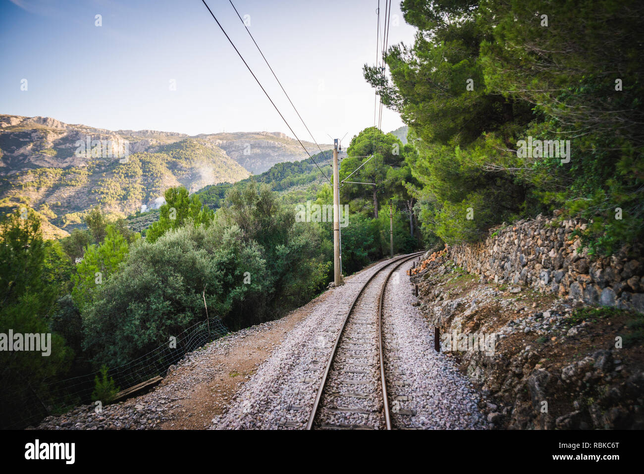 Train rails in the middle of the nature on Mallorca Island, Spain Stock ...