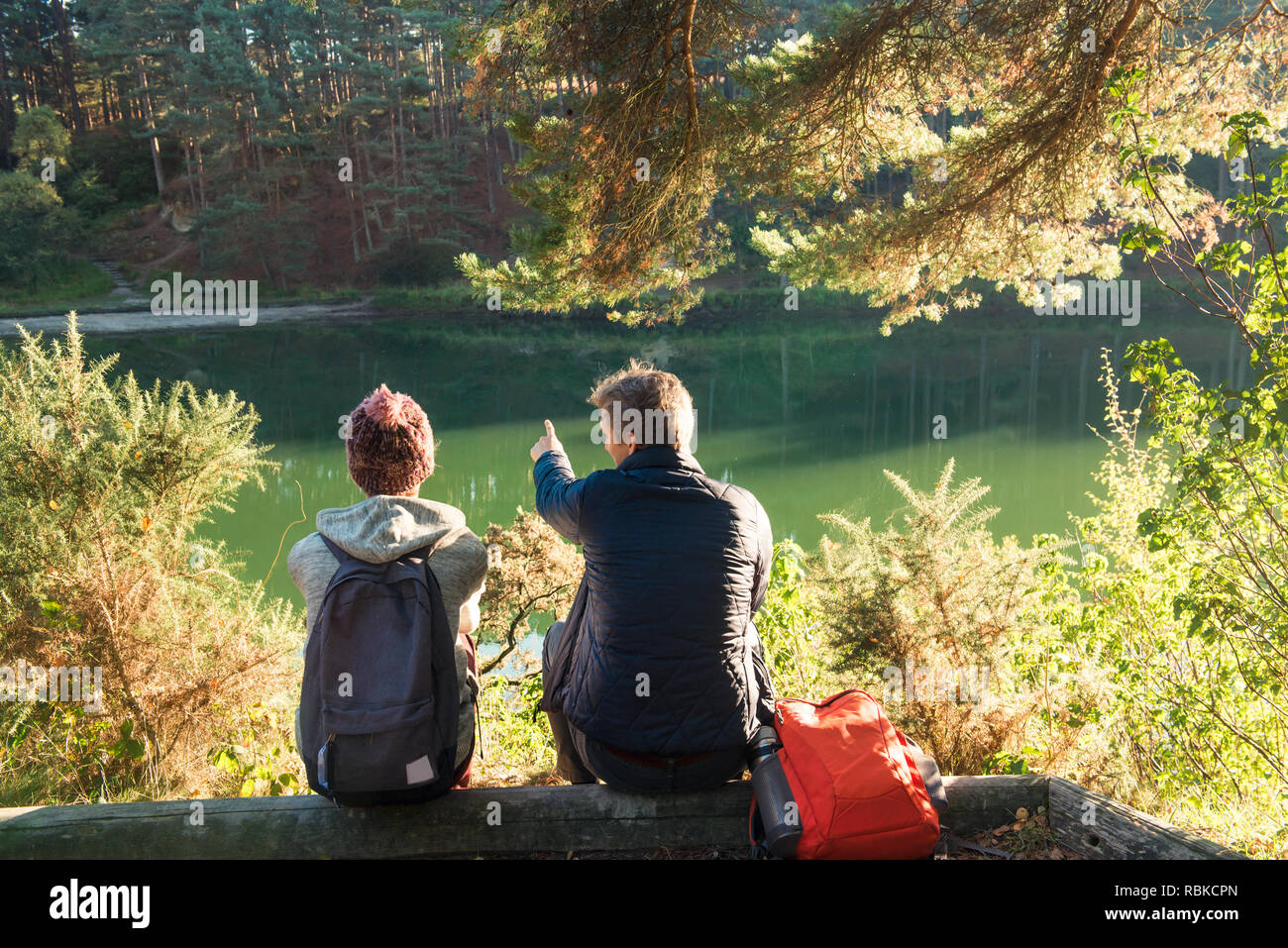 Rear back view of two male friends, relaxing and watching scenery on ...