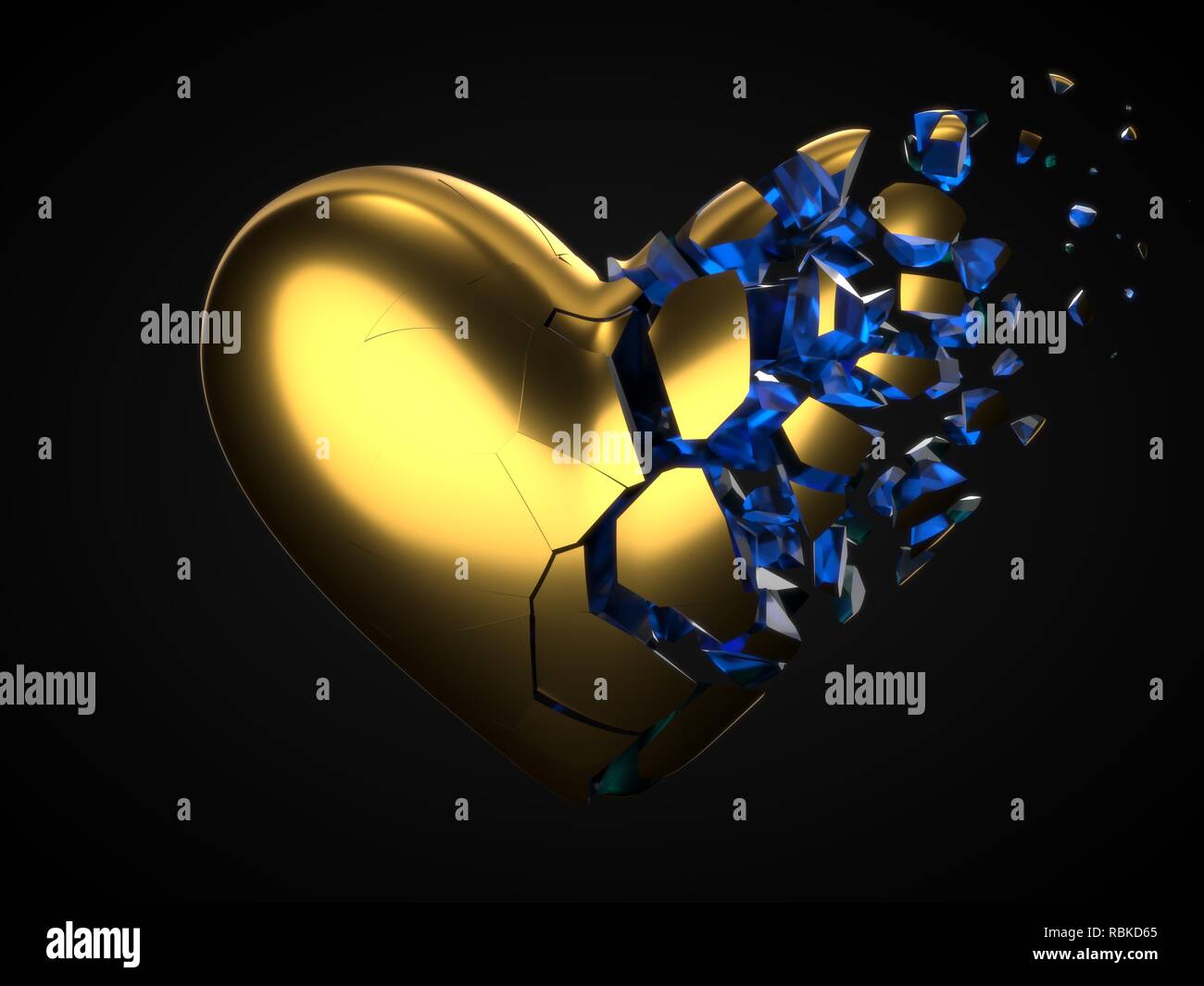 fracturing and dissolving golden heart with blue cyrstal inside for ...