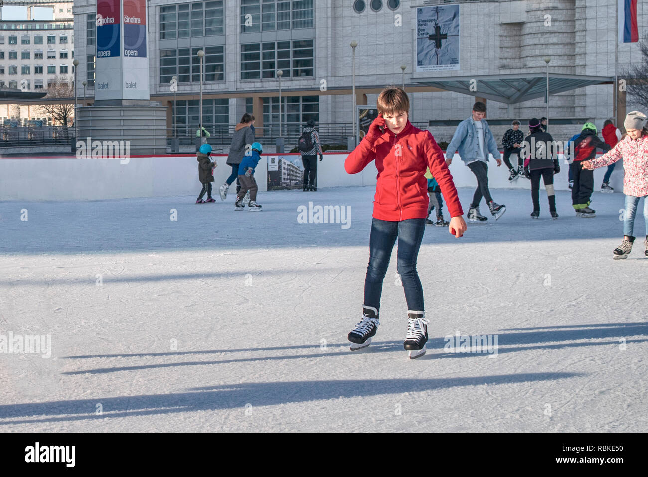 Slovakia, December 2018 ice skating. Outdoor activities on the street ...