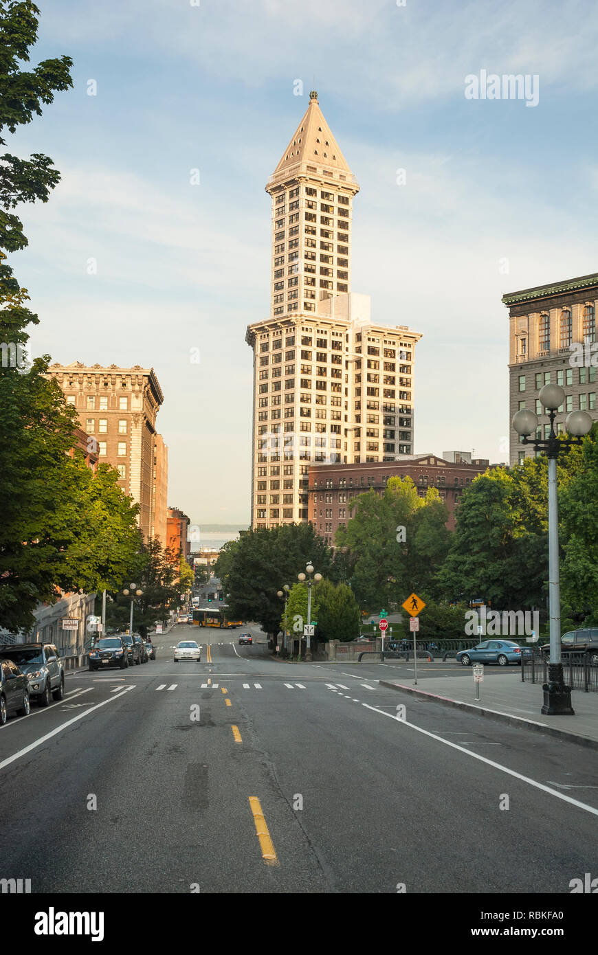 A view down the street to the Smith Tower, a Seattle landmark Stock ...