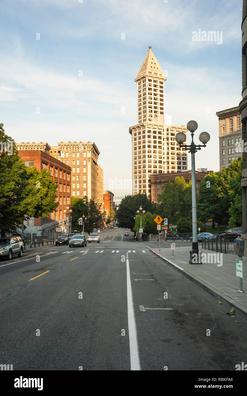 A view down the street to the Smith Tower, a Seattle landmark Stock ...
