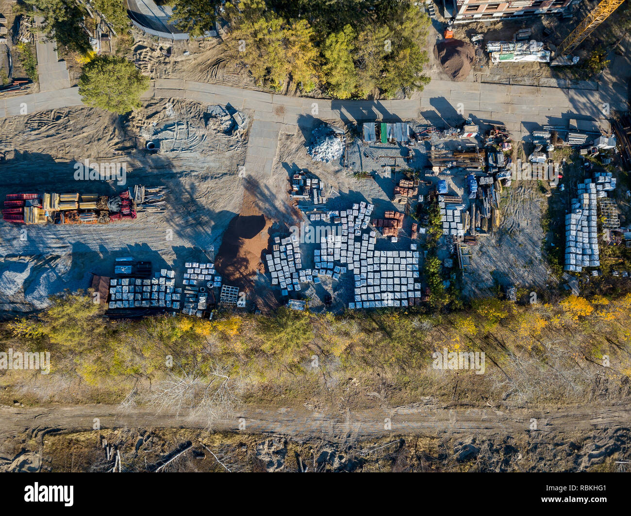 Aerial view of a building construction site at the place of storage of ...