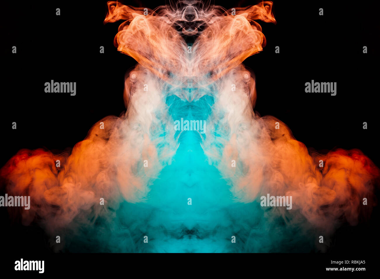 Multicolored curling smoke rising upwards in a pillar, red blue vapor ...