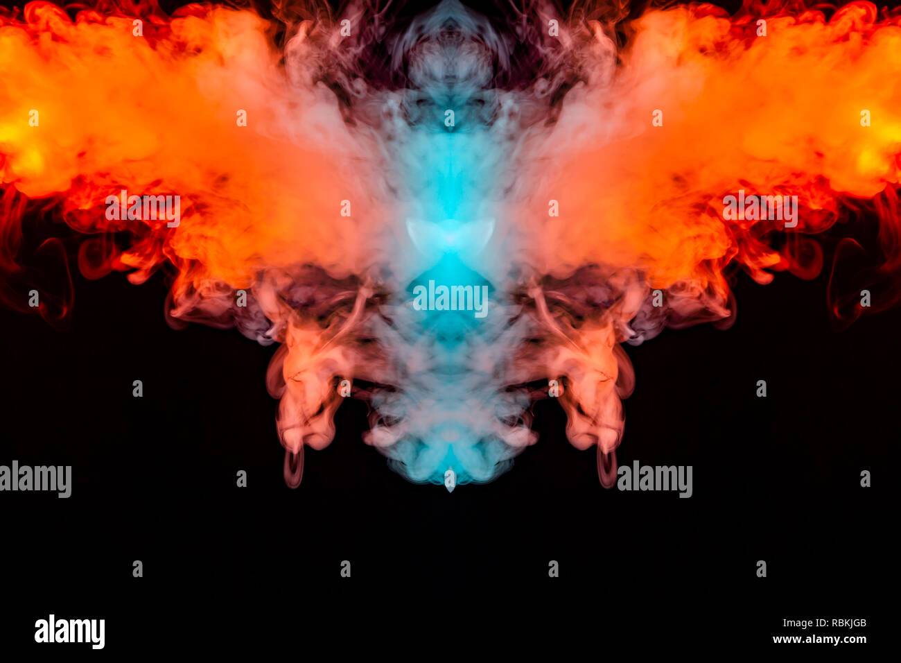 Multicolored curling smoke rising upwards in a pillar, red blue vapor ...