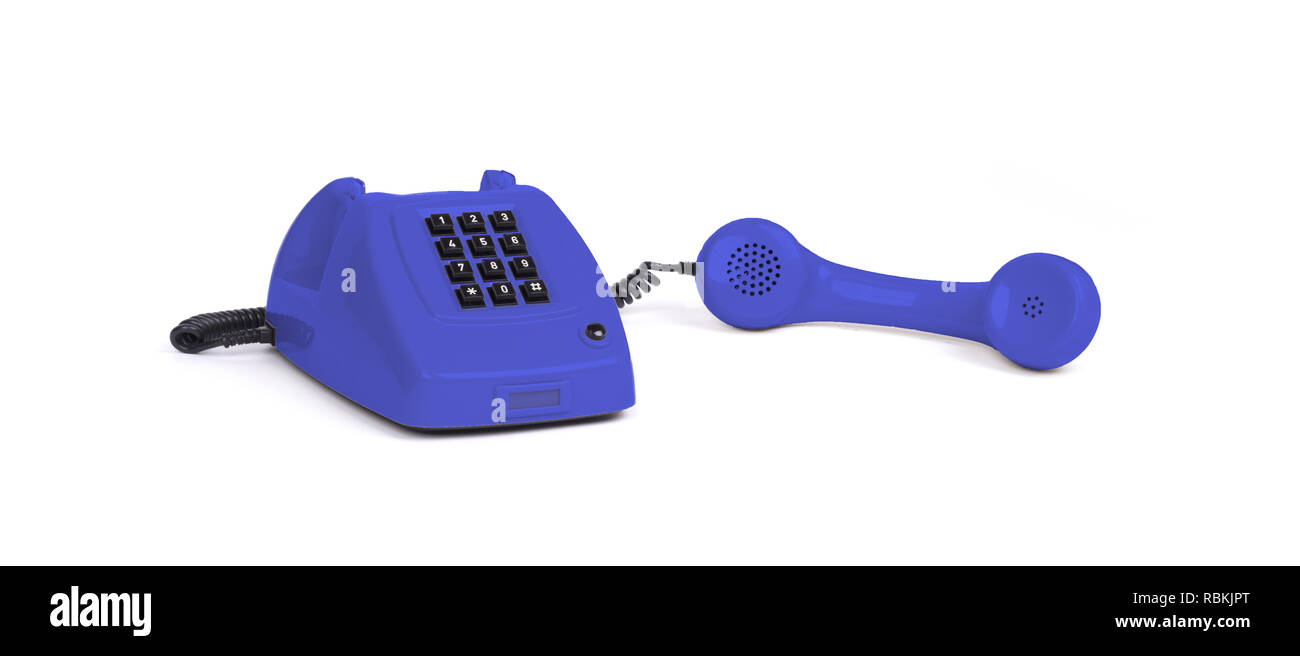 Vintage blue telephone with a white background Stock Photo - Alamy