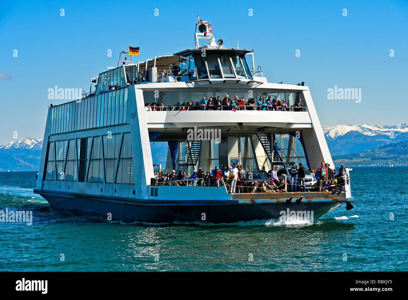 The ferry Euregia crossing Lake Constance in regular passenger and car ...