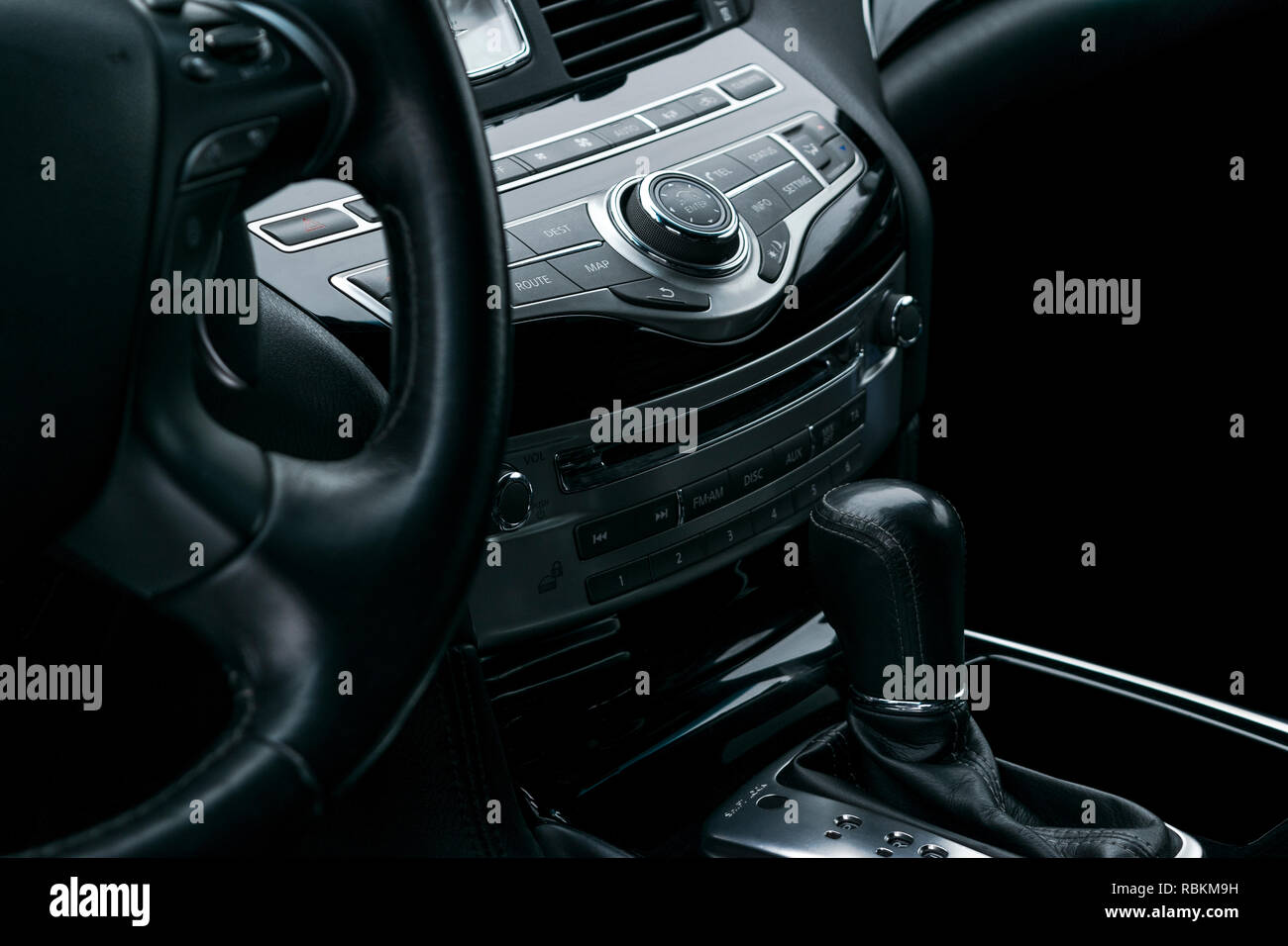 Luxury car inside. Interior of prestige modern car. Automatic gear ...