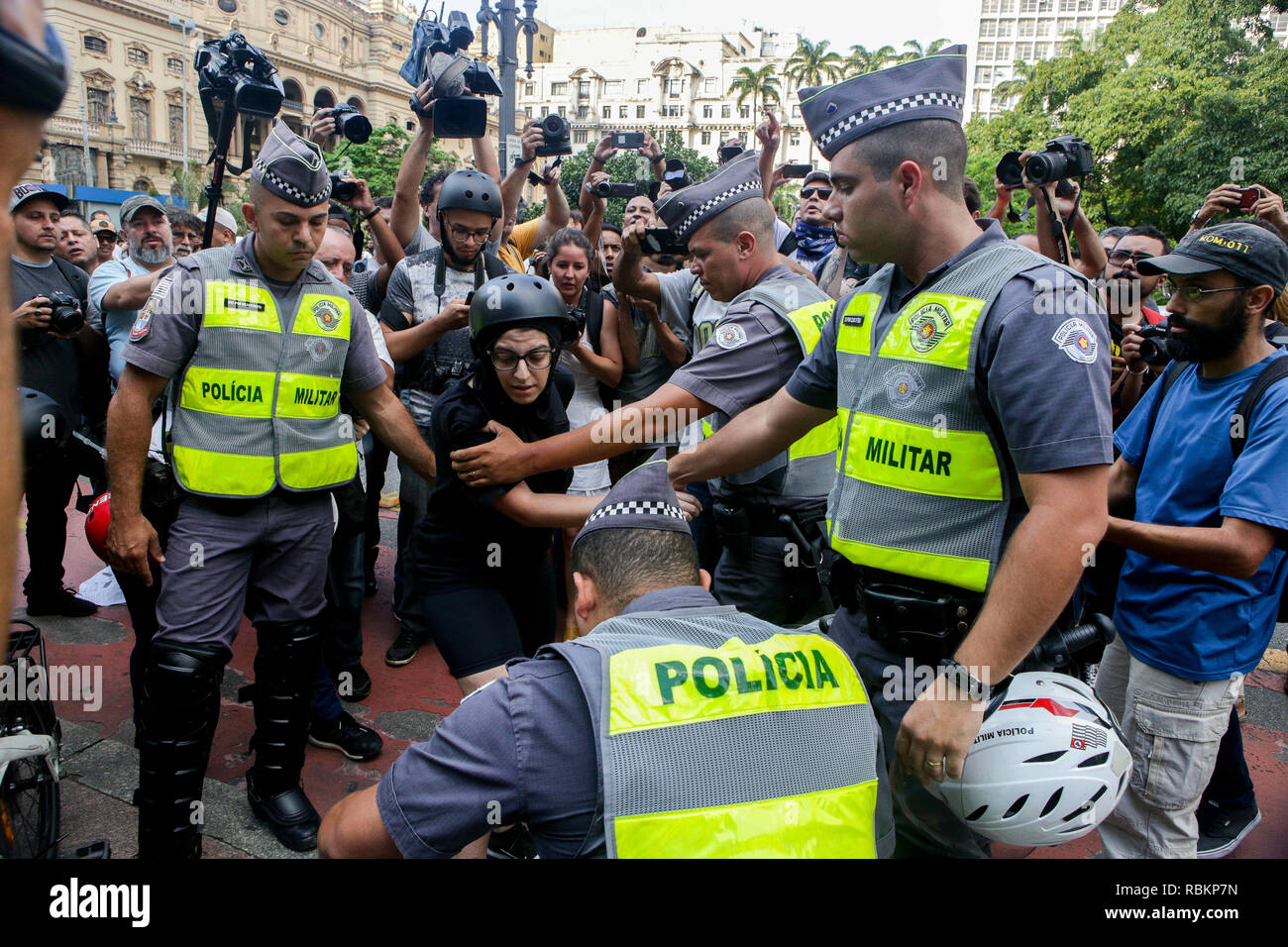 Sao Paulo, Brazil. January 10, 2019 - Thousands of protestors gathered ...