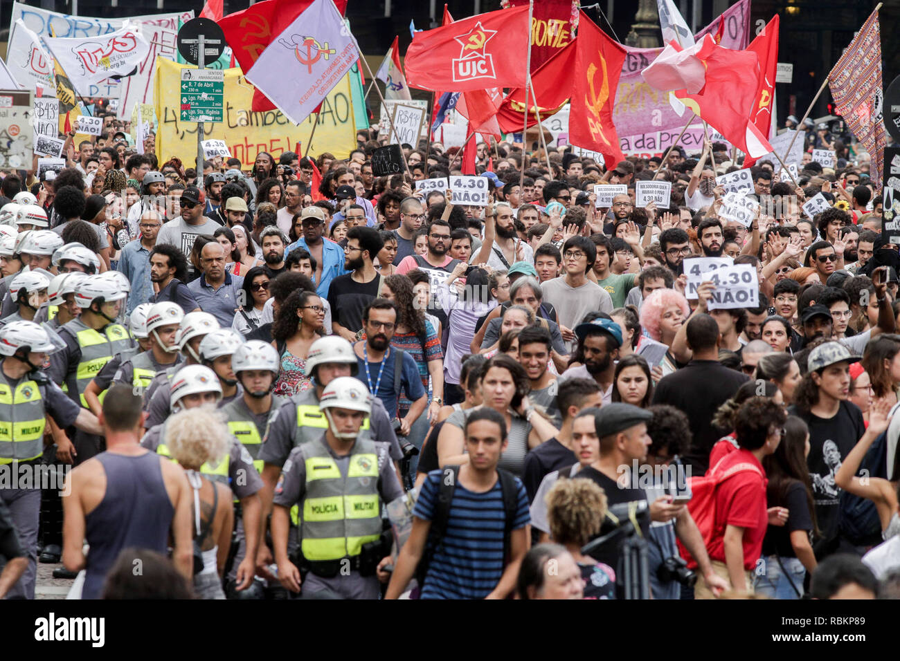 Sao Paulo, Brazil. January 10, 2019 - Thousands of protestors gathered ...