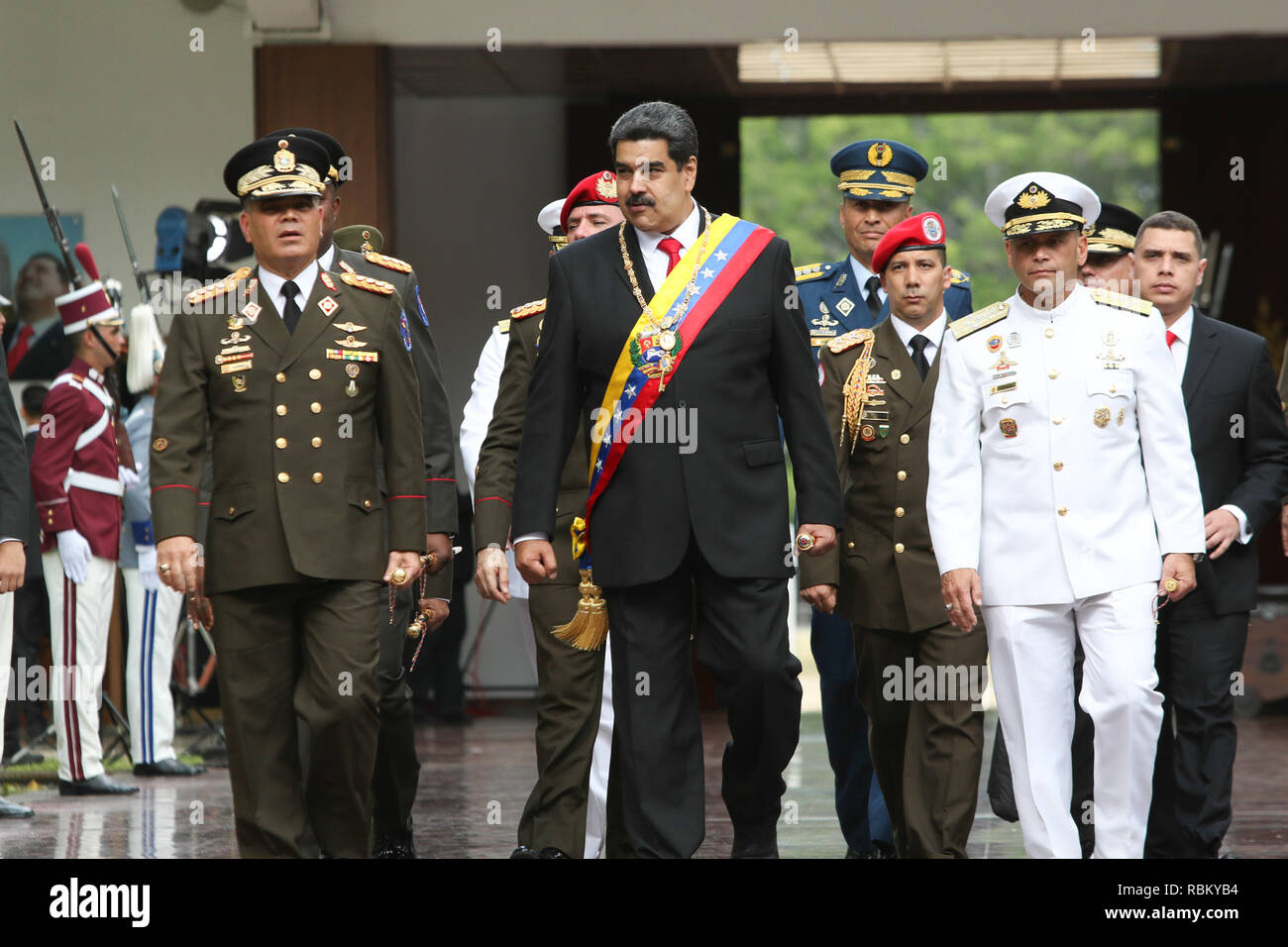 Caracas. 10th Jan, 2019. Venezuelan President Nicolas Maduro (C front ...