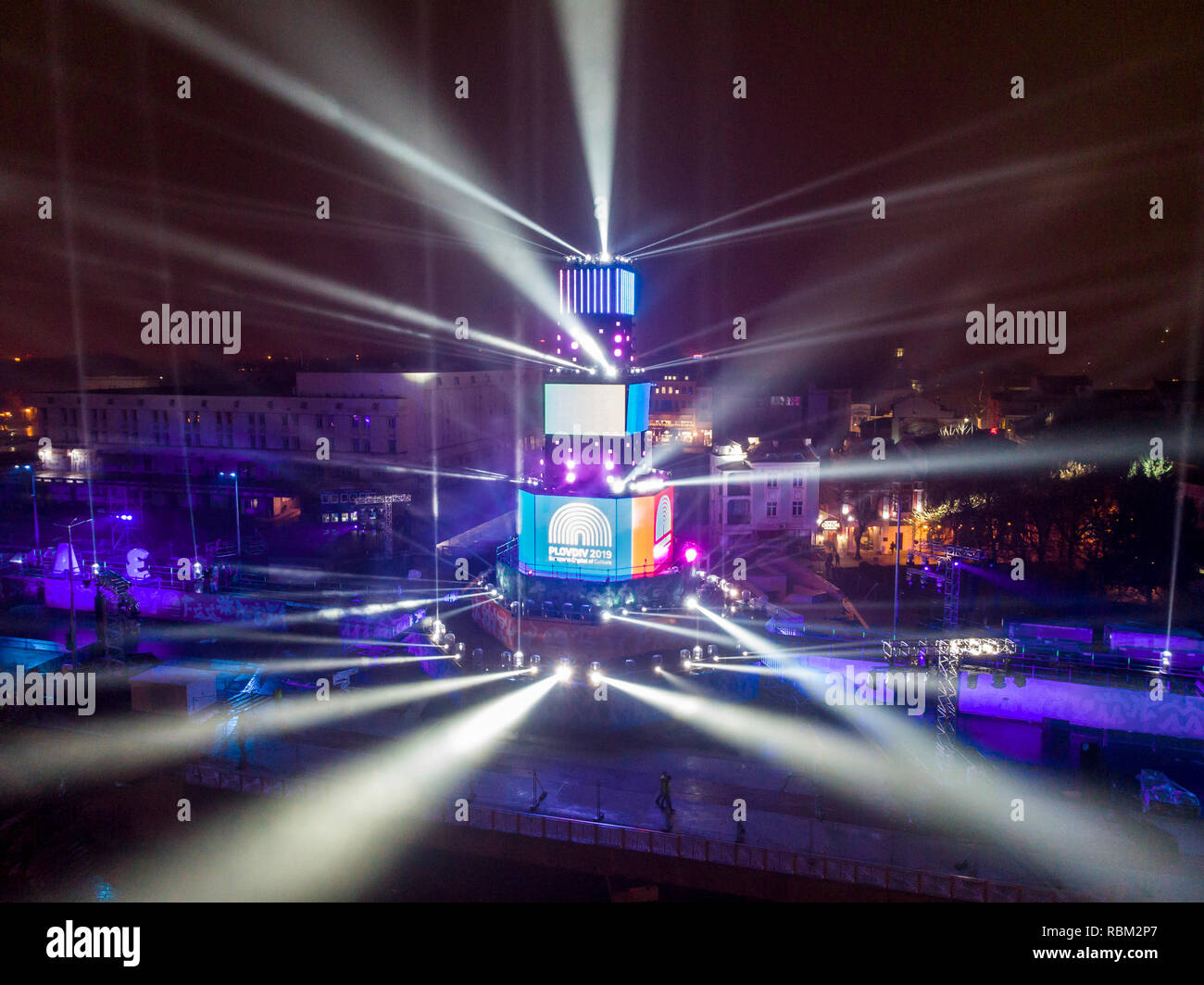 Plovdiv, Bulgaria. 10th Jan 2019. Main tower and stage for the opening ...