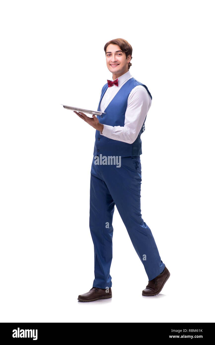 Young waiter isolated on white background Stock Photo - Alamy