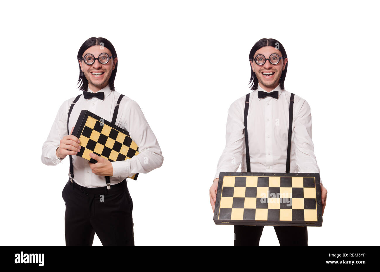 Funny man with chessboard isolated on white Stock Photo - Alamy