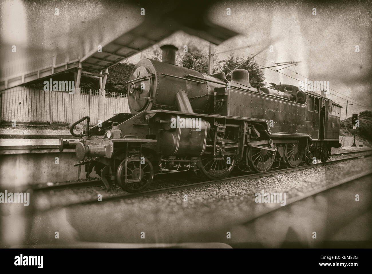 Old steam train, vintage locomotive on train station - retro ...