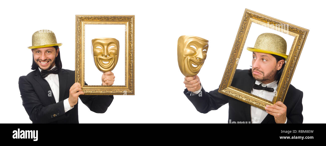 Man with theater mask isolated on white Stock Photo - Alamy