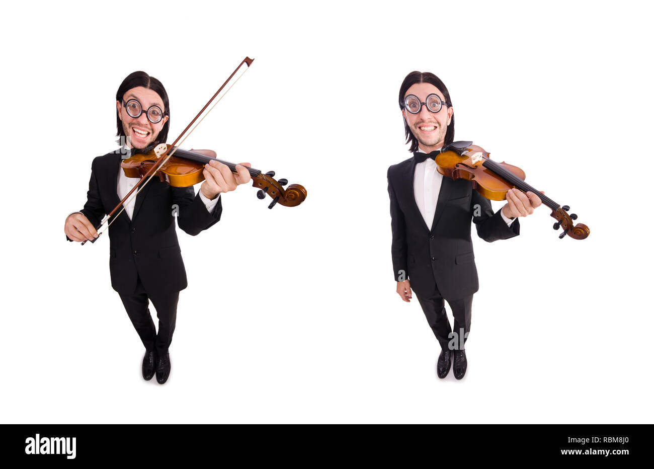 Funny man with music instrument on white Stock Photo - Alamy