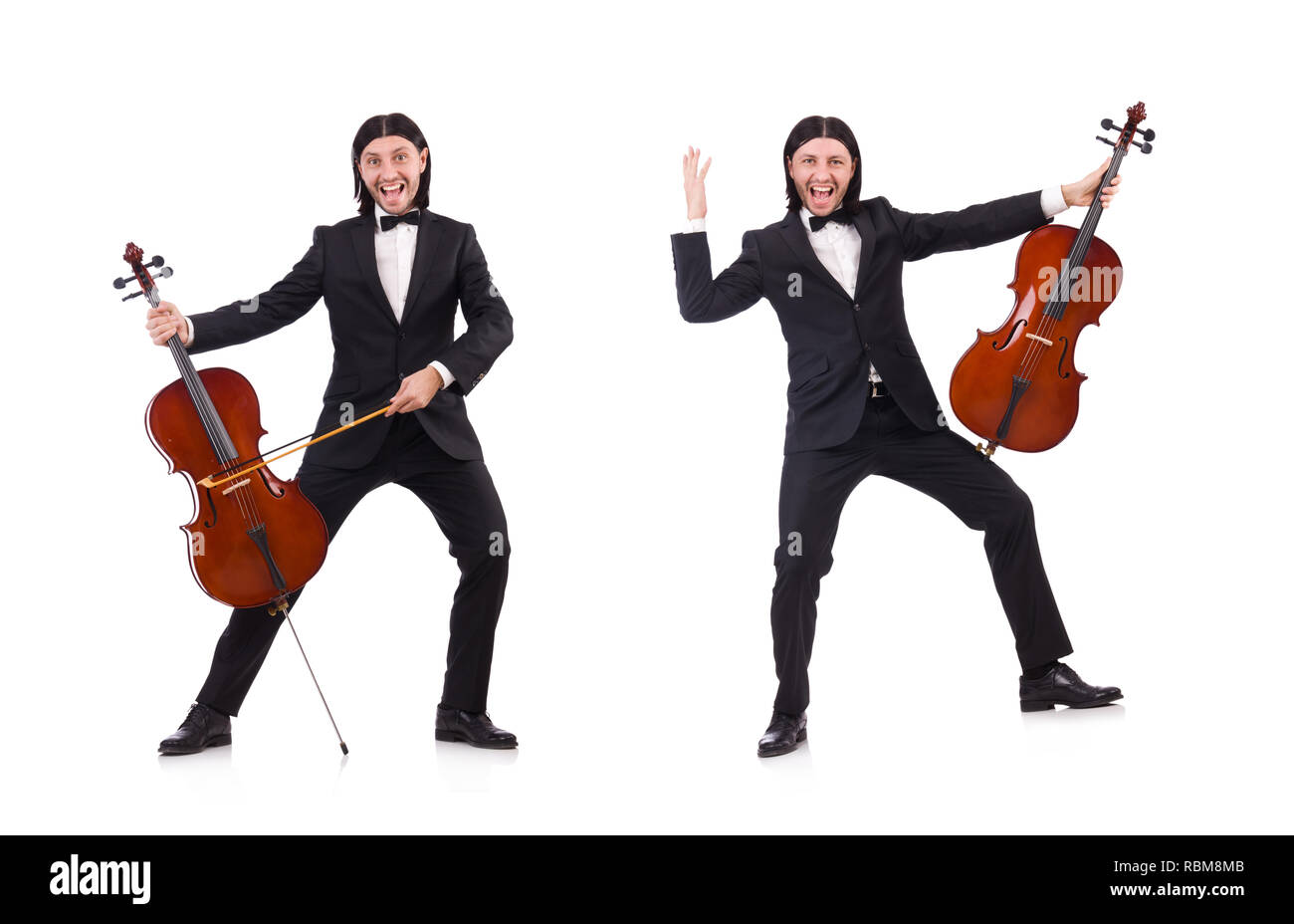 Funny man with music instrument on white Stock Photo - Alamy