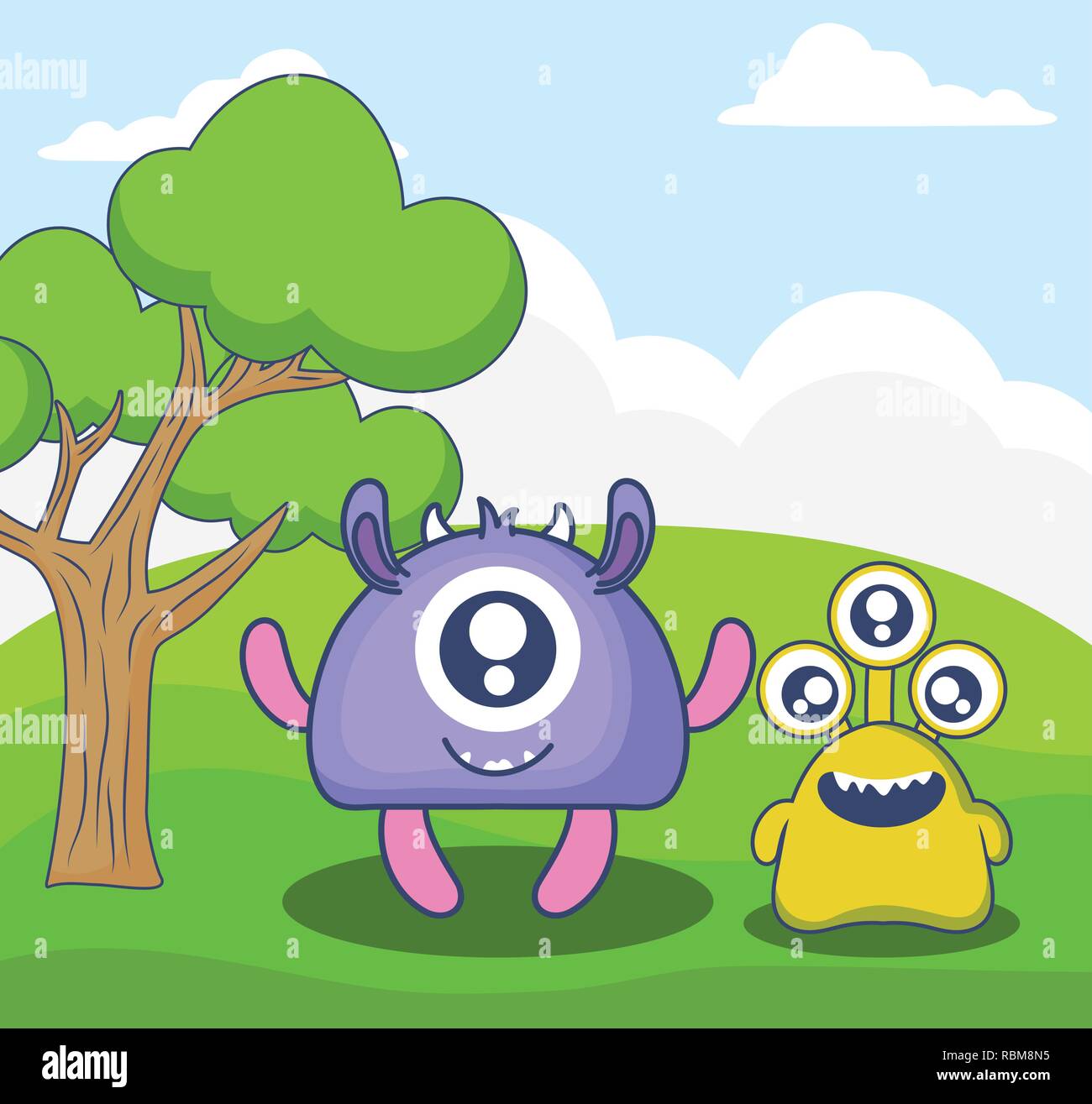 cute monsters couple in the field vector illustration design Stock ...