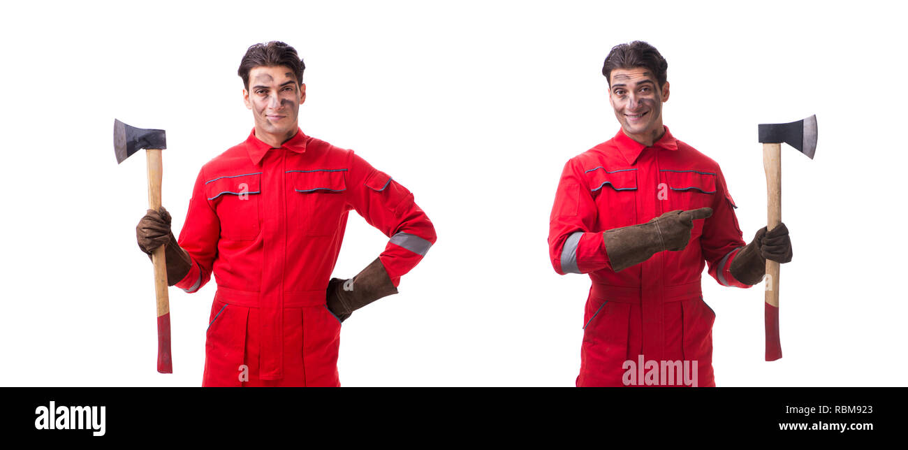 Contractor employee with axe on white background Stock Photo - Alamy