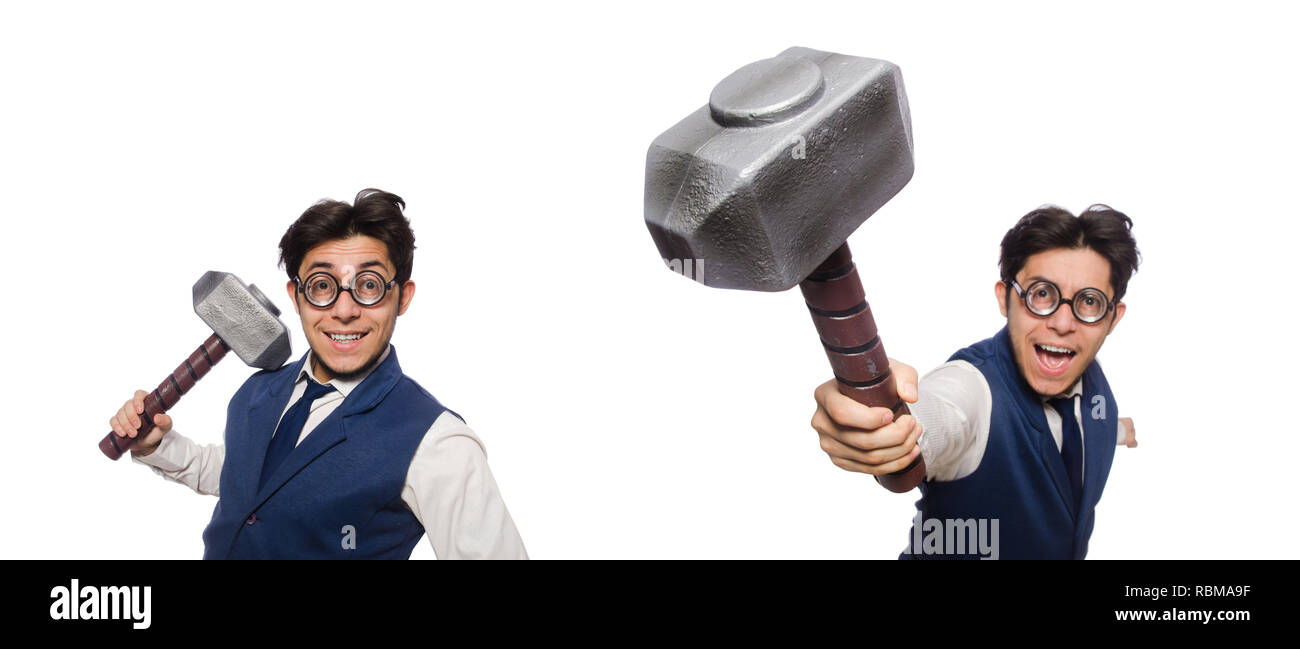 Young man holding hammer isolated on white Stock Photo - Alamy
