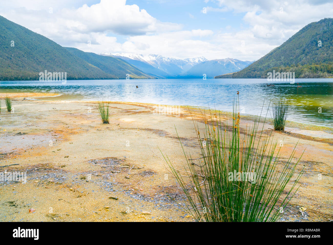 Lake Rotoroa waters edge and surrounding mountains Stock Photo - Alamy