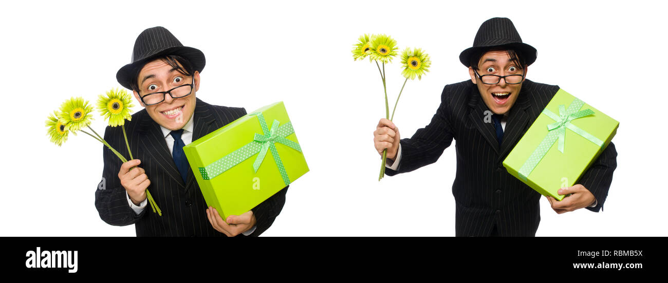 Funny man with flowers and box Stock Photo - Alamy