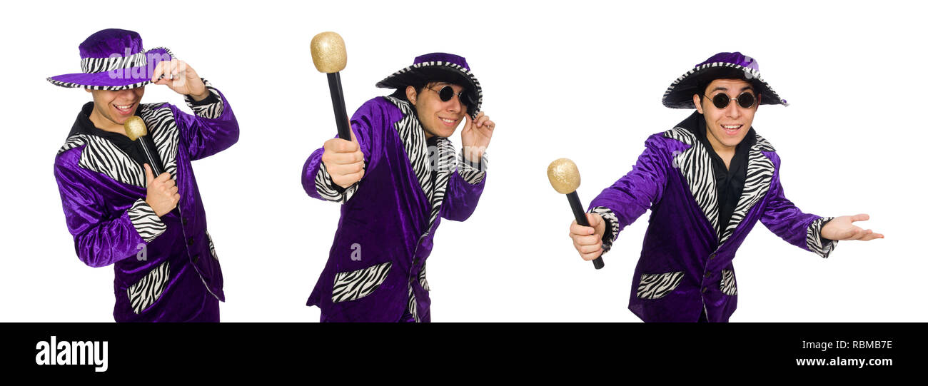 Funny man with microphone isolated on white Stock Photo - Alamy