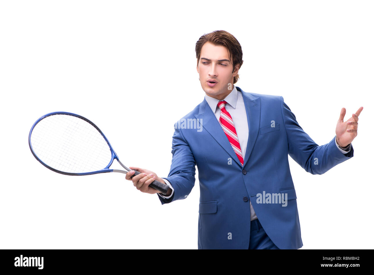Elegant man with tennis racket isolated on white Stock Photo - Alamy
