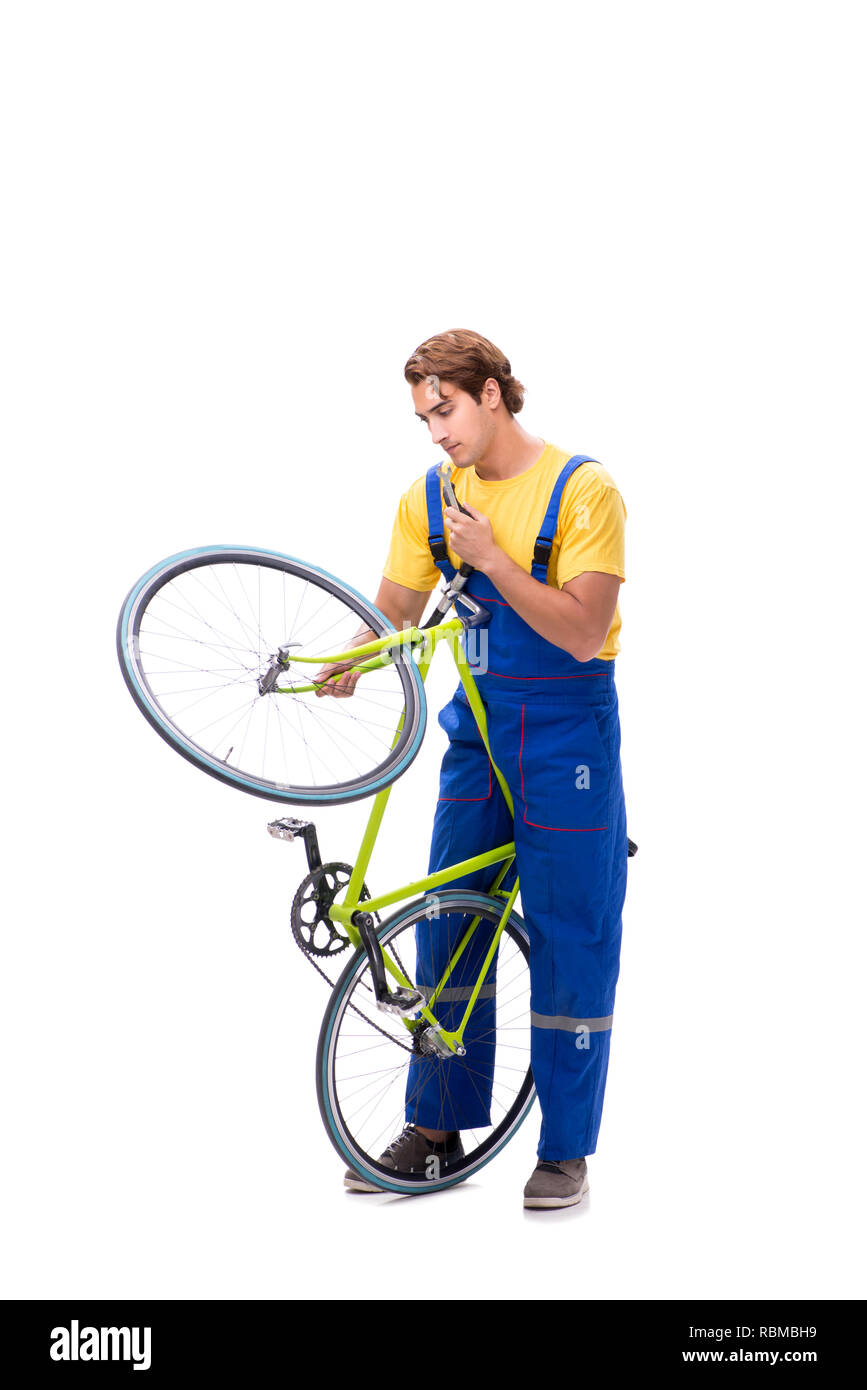 Man repairing his bike isolated on white background Stock Photo - Alamy