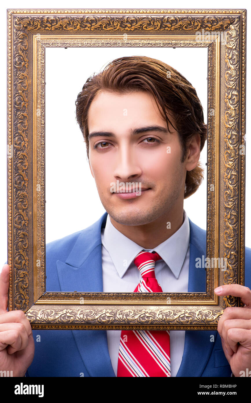 Elegant businessman with picture frame isolated on white Stock Photo ...