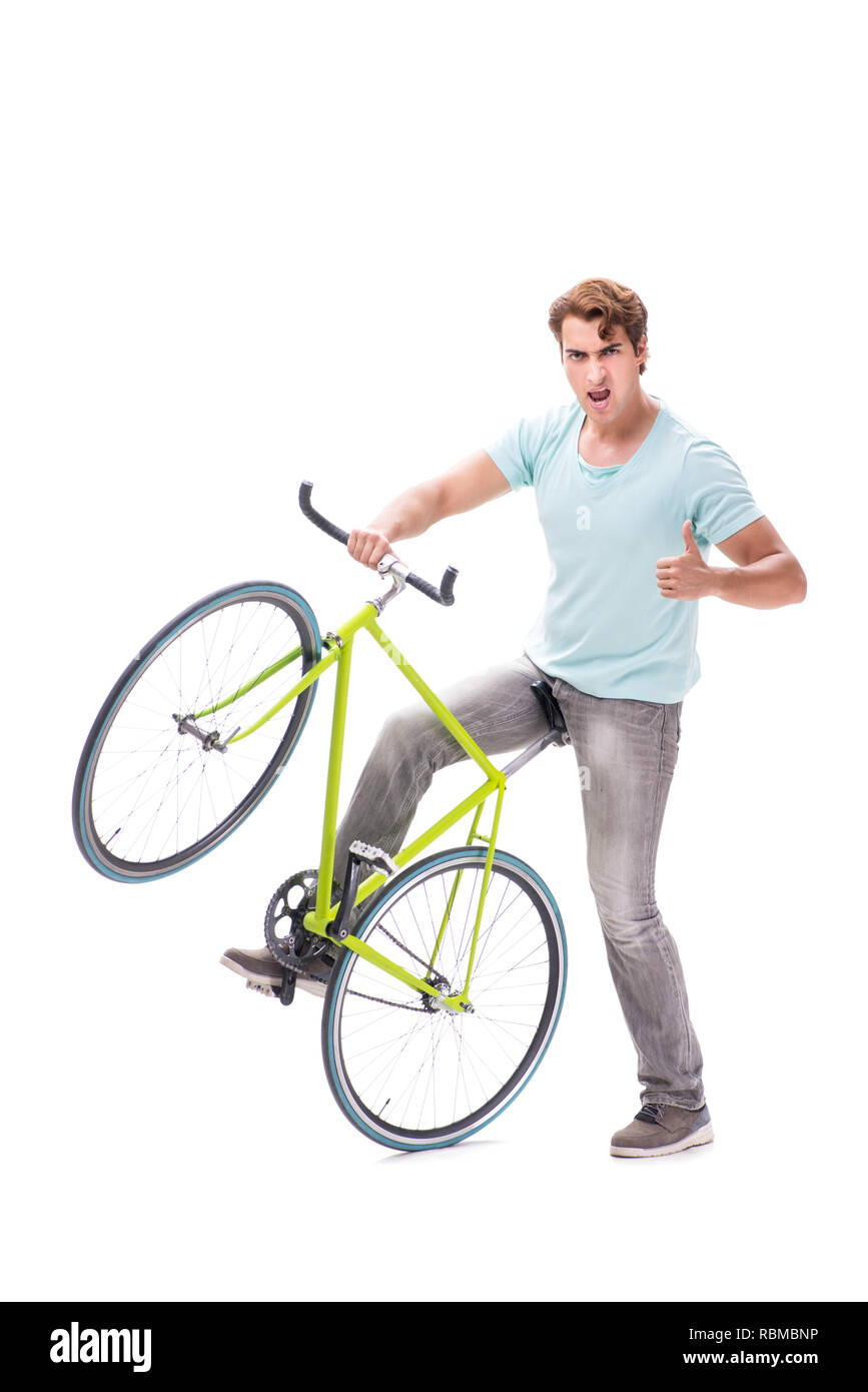 Young man with cycle isolated on white Stock Photo - Alamy