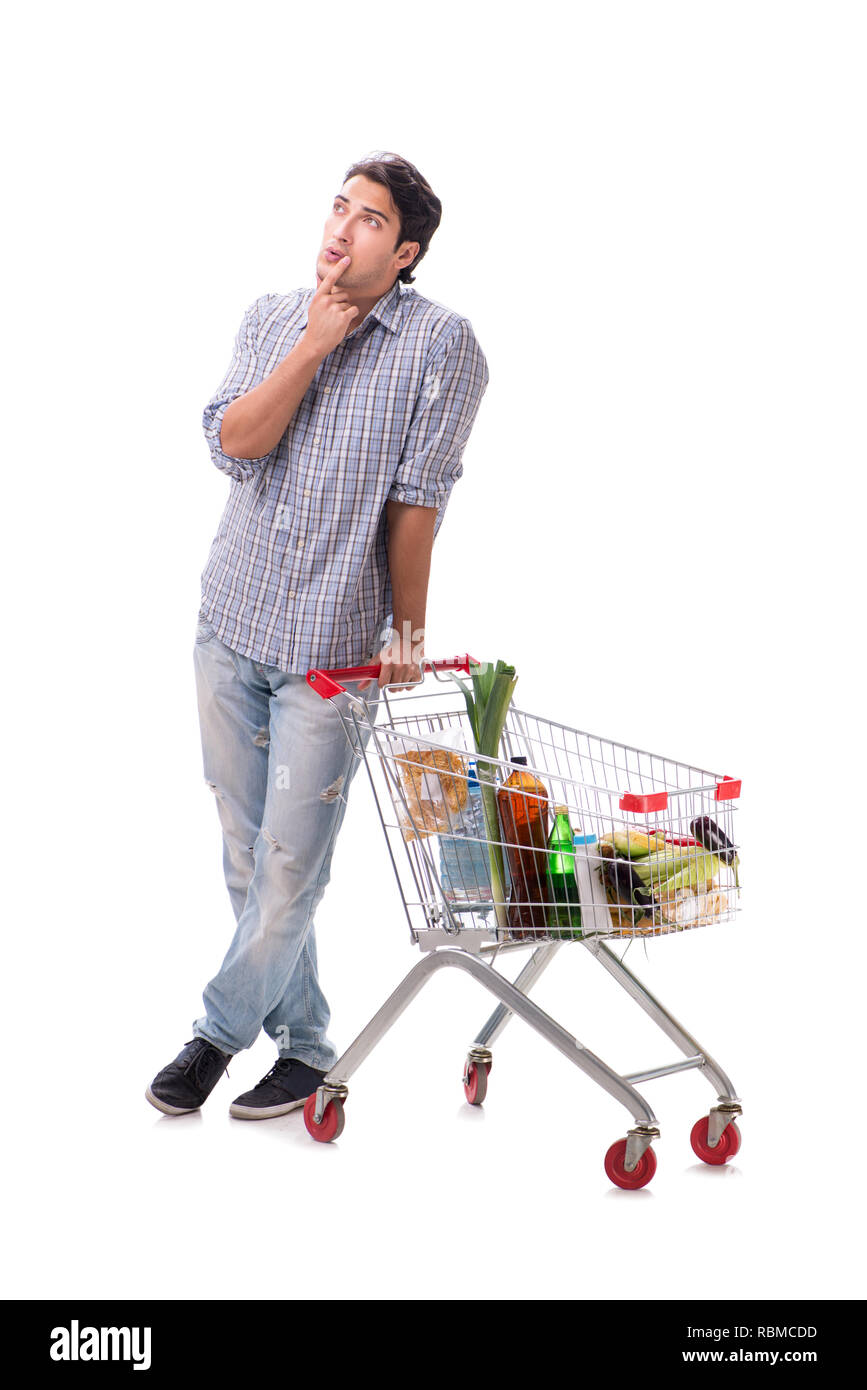 Young man with supermarket cart trolley on white Stock Photo - Alamy
