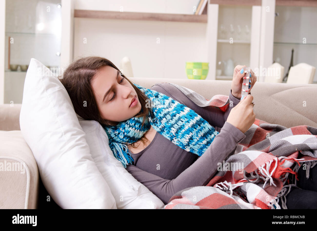Sick upset sad woman coughing hi-res stock photography and images - Alamy