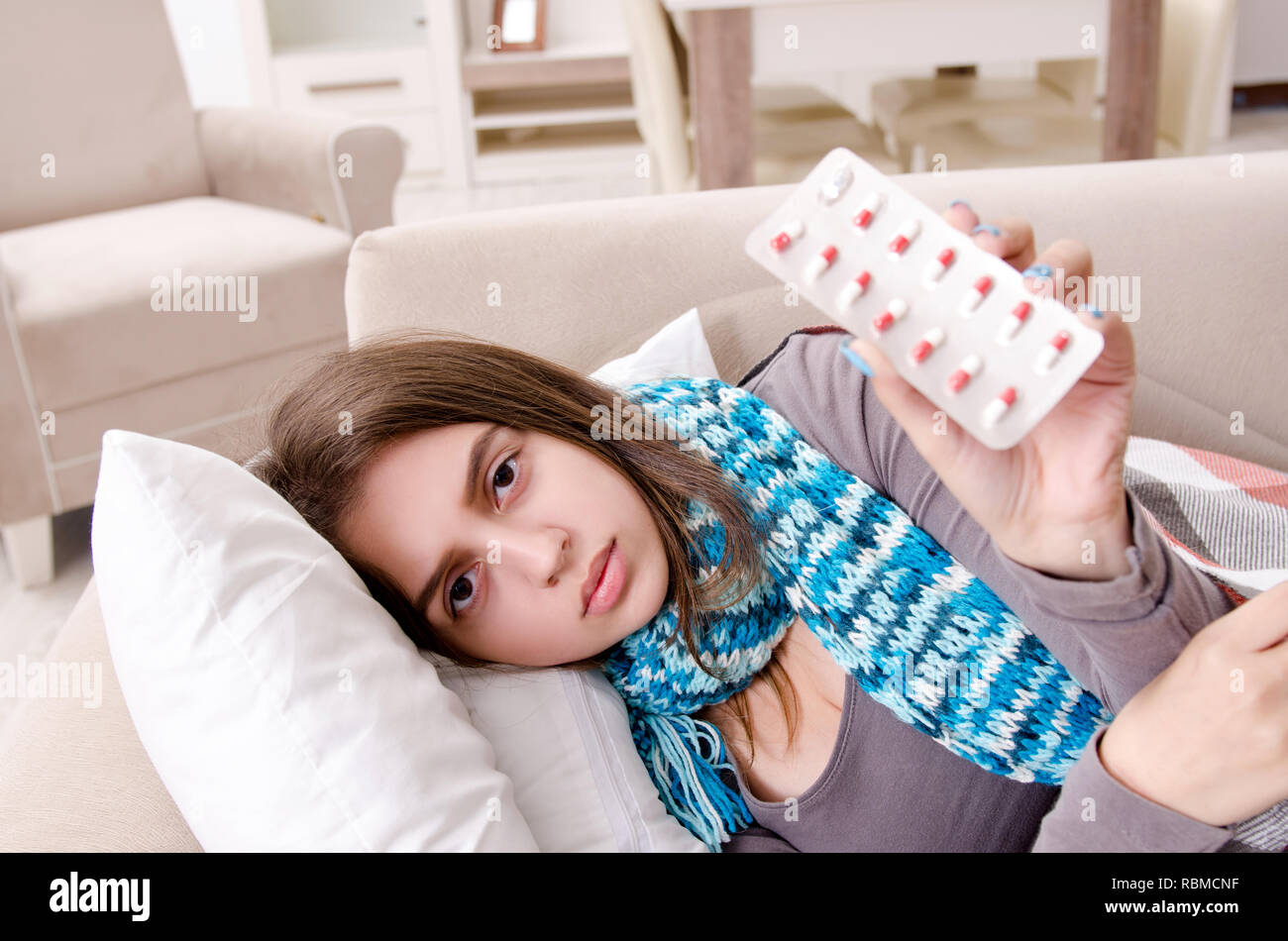 Sick upset sad woman coughing hi-res stock photography and images - Alamy