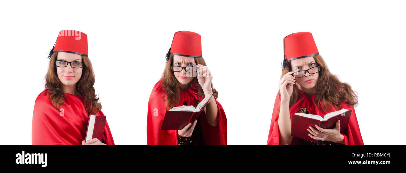 Woman wearing fez hat isolated on white Stock Photo - Alamy