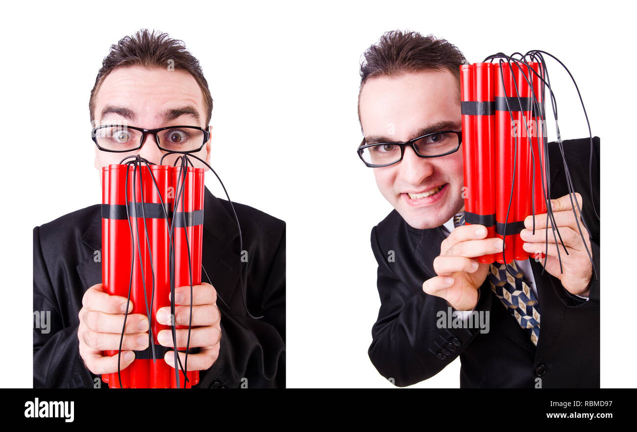 Man with dynamite isolated on white Stock Photo - Alamy