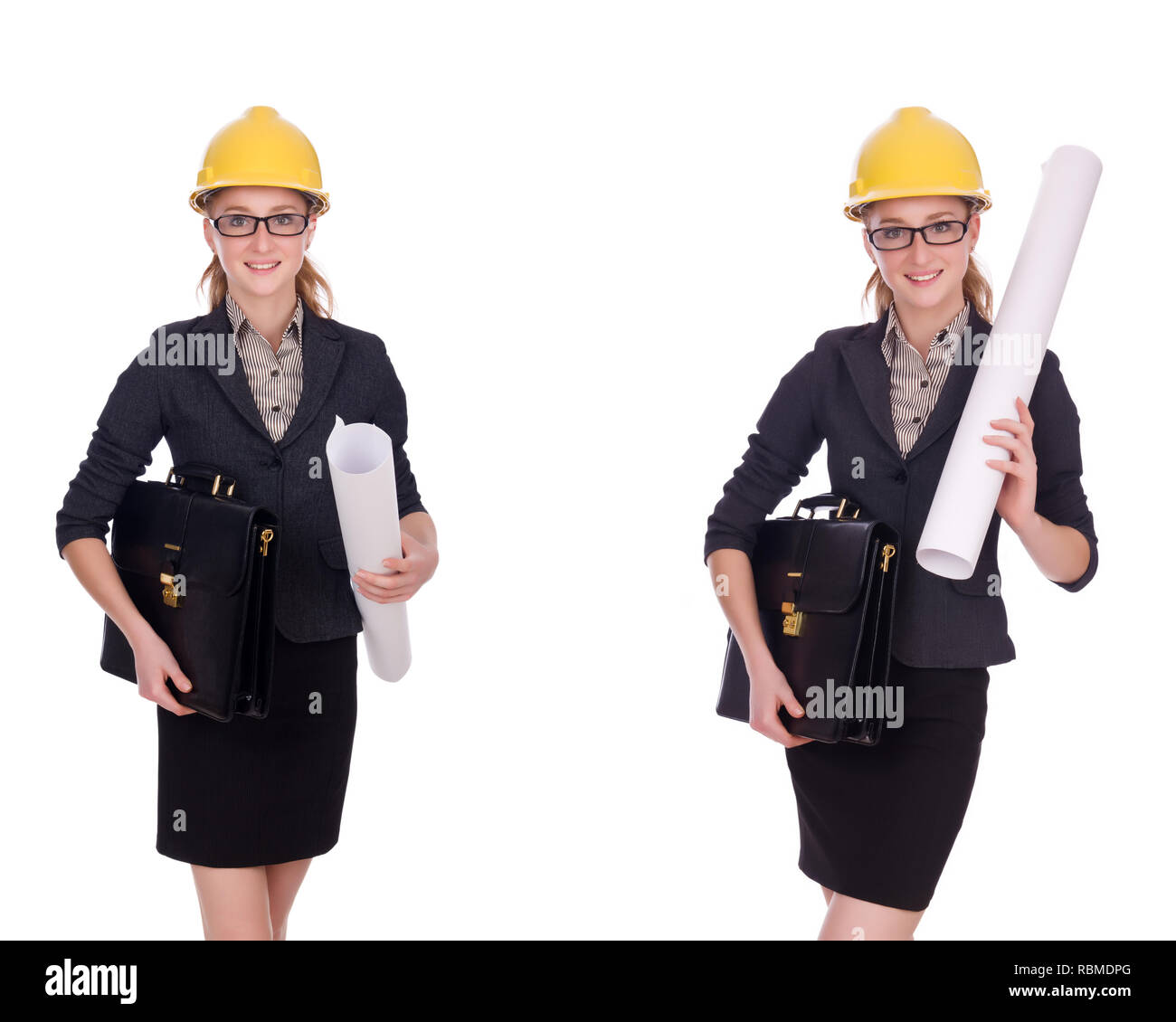 Female architect with blueprint isolated in white Stock Photo - Alamy