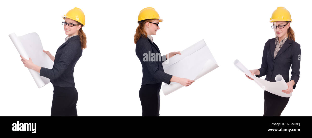 Female architect with blueprint isolated in white Stock Photo - Alamy