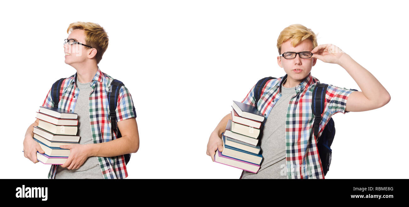 Student with many books isolated on white Stock Photo - Alamy