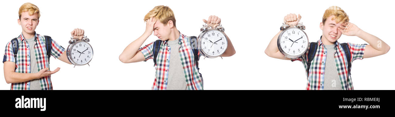 Young boy with alarm-clock in time management concept Stock Photo - Alamy