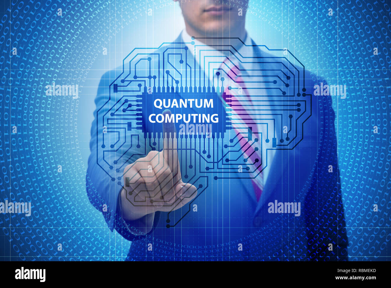 Businessman pressing virtual button in quantum computing concept Stock Photo - Alamy