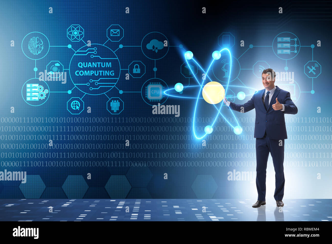 Businessman pressing virtual button in quantum computing concept Stock Photo - Alamy